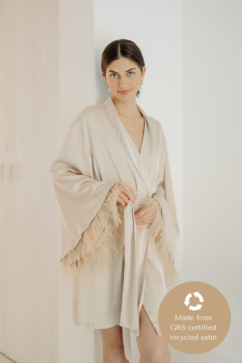 Chiara Feather Silk Satin Robe - Champagne – Meeka_co