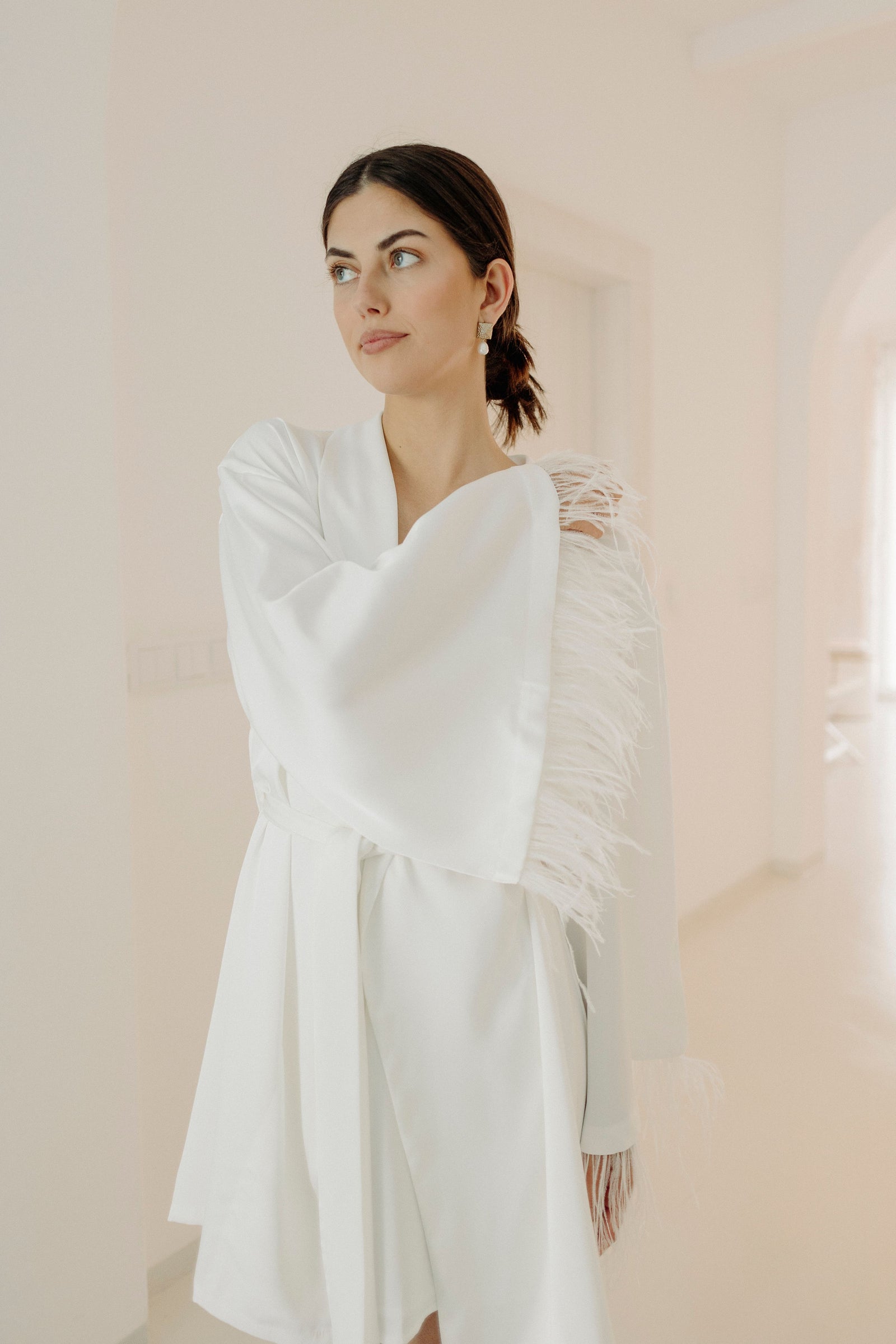 Chiara Feather Silk Satin Robe - White – Meeka_co